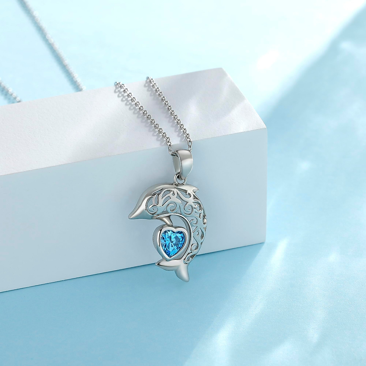 ONEFINITY Dolphin Necklace 925 Sterling Silver Dolphin Pendant Cute Animal Ocean Blue Heart New Years Necklace Jewelry for Women