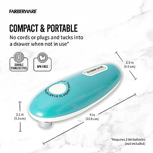 Farberware Compact Battery Operated Hands-Free Automatic Can Opener for any Size Can with Magnet to Safely Remove Lid, Seamless Opening Decreases Sharp Edges for Easily and Safely Opening Cans, Aqua