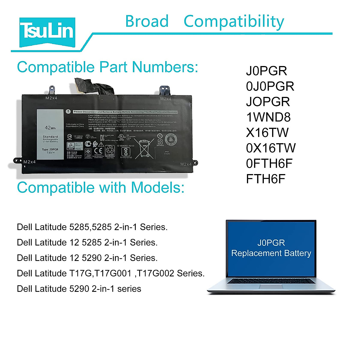 J0PGR Laptop Battery Compatible with Dell Latitude 5285 E5285 5290 2-in-1 Series T17G T17G001 T17G002 JOPGR 0J0PGR X16TW 0X16TW FTH6F 0FTH6F FTG78 1WND8 RDYCT 0RDYCT 7.6V 42Wh 5250mAh 4-Cell