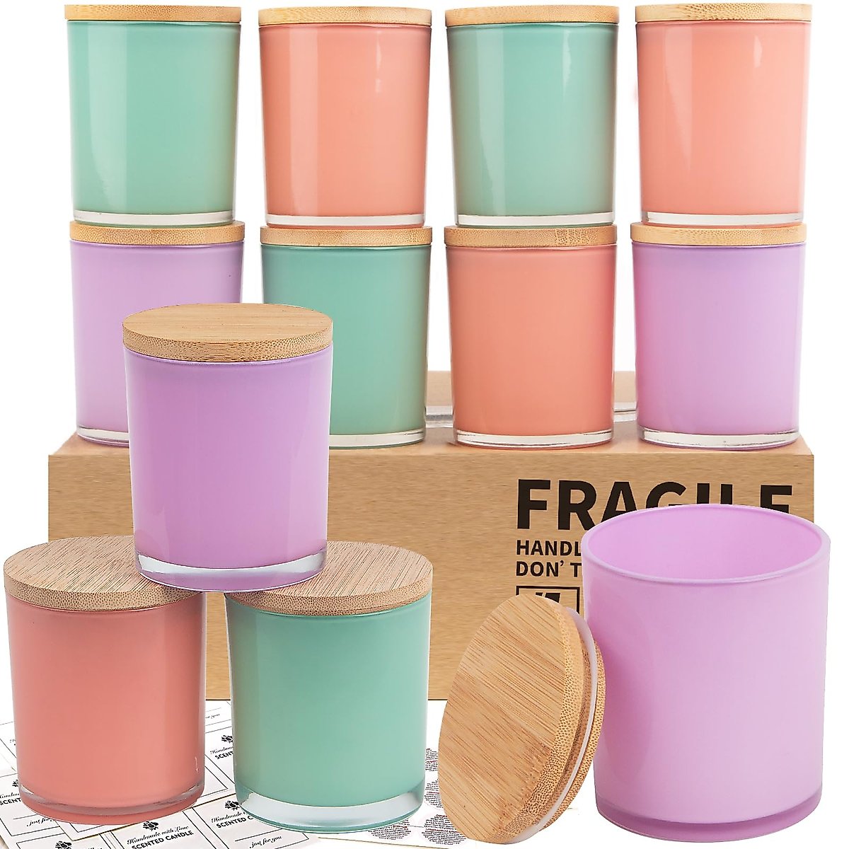 CONNOO 12 Pack 10 OZ Spring Color Glass Candle Jars for Making Candles with Airtight Bamboo Lids Nice Sticky Warning Labels for Candle Making Empty Container Bulk - Dishwasher Safe