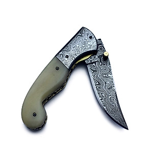 WolfKlinge Handmade Damascus Folding Pocket Bowie Knife for Edc,Hunting,Survival,CampingBushcraft,Skinning and Fishing with Full Tang Camel Bone Handel and Cowhide-Leather Sheath For Men and Women (DCF26 - Typhoon)