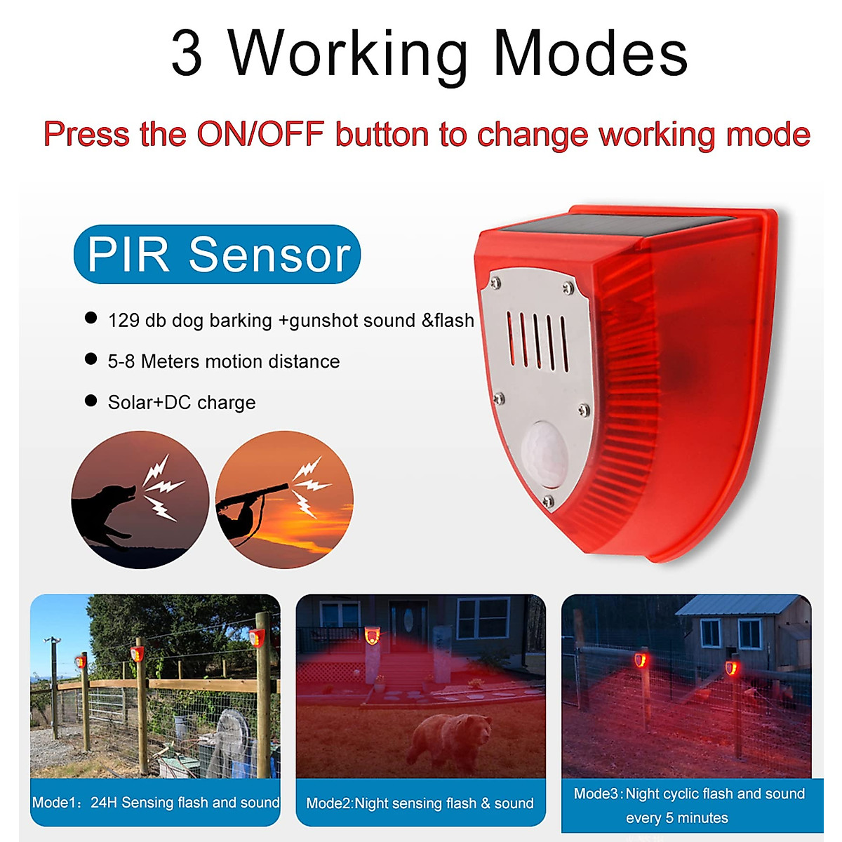 LAFEINA Solar Motion Sensor Light & Sound Alarm, 129dB Gunshot & Dog Barking Sound & Strobe Light Security Alarm Siren for Garden Farm Villa