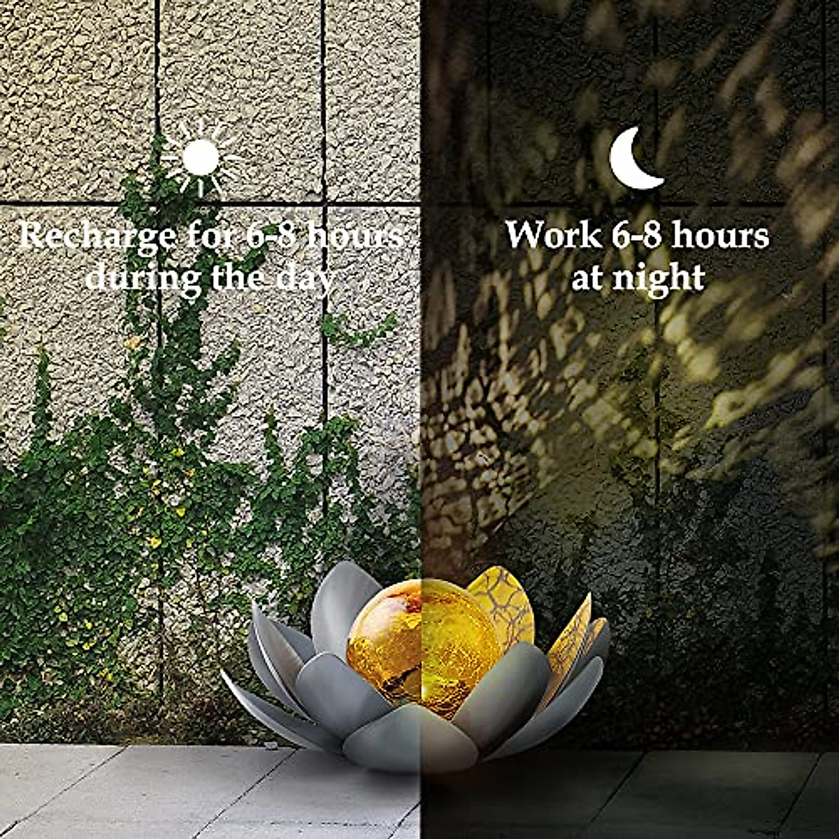 Huaxu Solar Lights Outdoor Garden Decor , Amber Crackle Globe Glass Lotus Decoration,Waterproof Gray Metal Flower Light for Patio,Lawn,Walkway,Tabletop,Ground