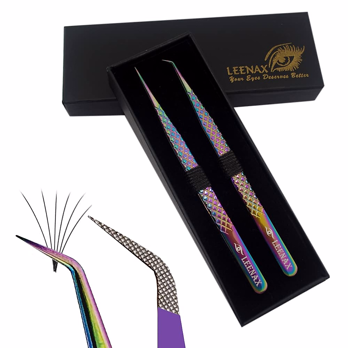 Eyelash Extension Tweezers Fiber Tip (Anti – Slip) Set of 2 pieces straight & curved with Diamond Grip, Rainbow Colour,14cm, volume Tweezers, Lash Extension Precision tweezers. (Multi)