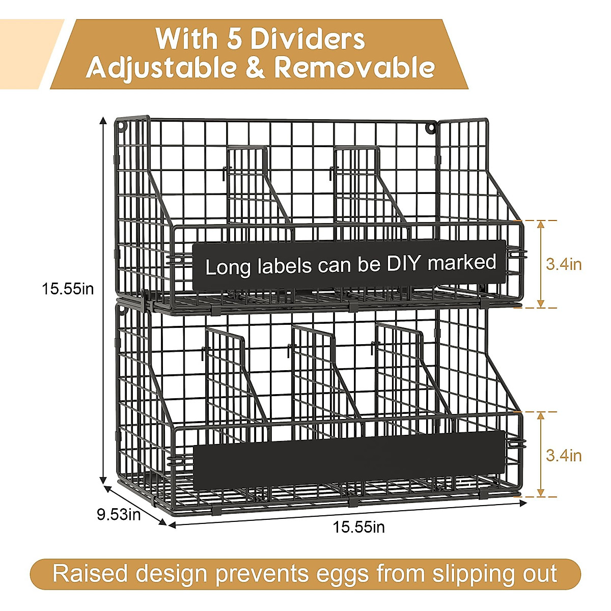 keomaisyto Fresh Egg Holder with 5 Dividers to Separate Eggs for a Week, 2 Tier Stackable Wire Baskets for Gathering Eggs, XXL Egg Rack for Countertop/Wall-Mounted, With DIY Labels (Patent Pending)
