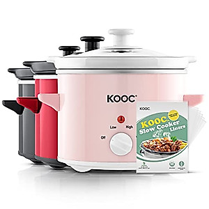 KOOC Small Slow Cooker, 2-Quart, Free Liners Included for Easy Clean-up, Upgraded Ceramic pot, Adjustable Temp, Nutrient Loss Reduction, Stainless Steel, Pink, Round