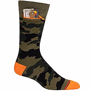 Pocket Socks Mens, The Hunter Sock Camoflage Green, Crew Soft Cotton with Security Zip Pocket (One Size