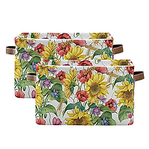 AUUXVA Flowers Sunflower Poppy Storage Bins Basket, Summer Floral Theme Collapsible Storage Cube Rectangle Storage Box with Handles for Shelf Closet Nursery Bedroom Home Office 2 Pack