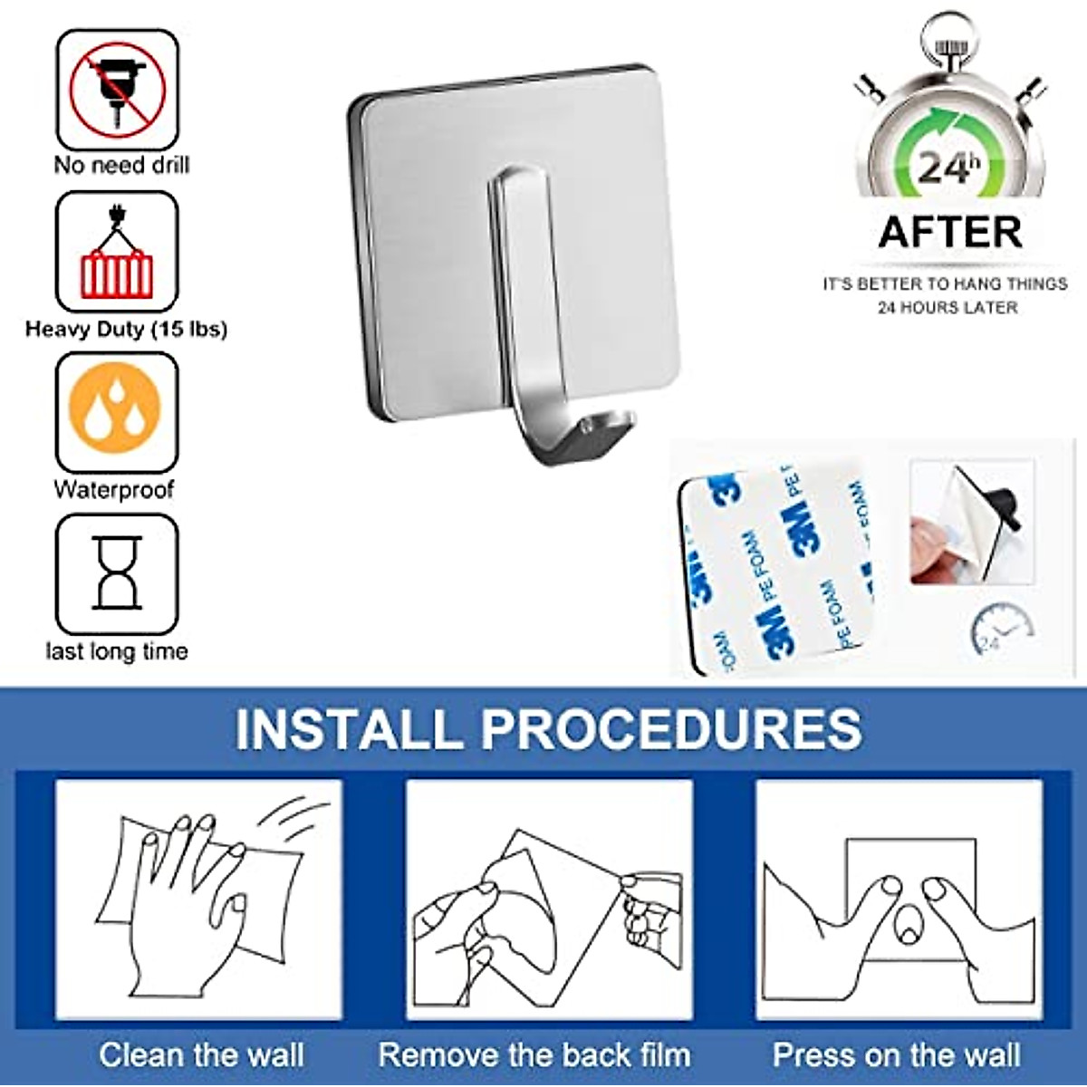 Adhesive Hooks - 5 Pack Heavy Duty Wall Hooks Waterproof Stainless Steel Hooks for Hat Towel Robe Hooks Rack Wall Mount - Bathroom Kitchen Home Hotel Office Cabinet and Bedroom CHROM03