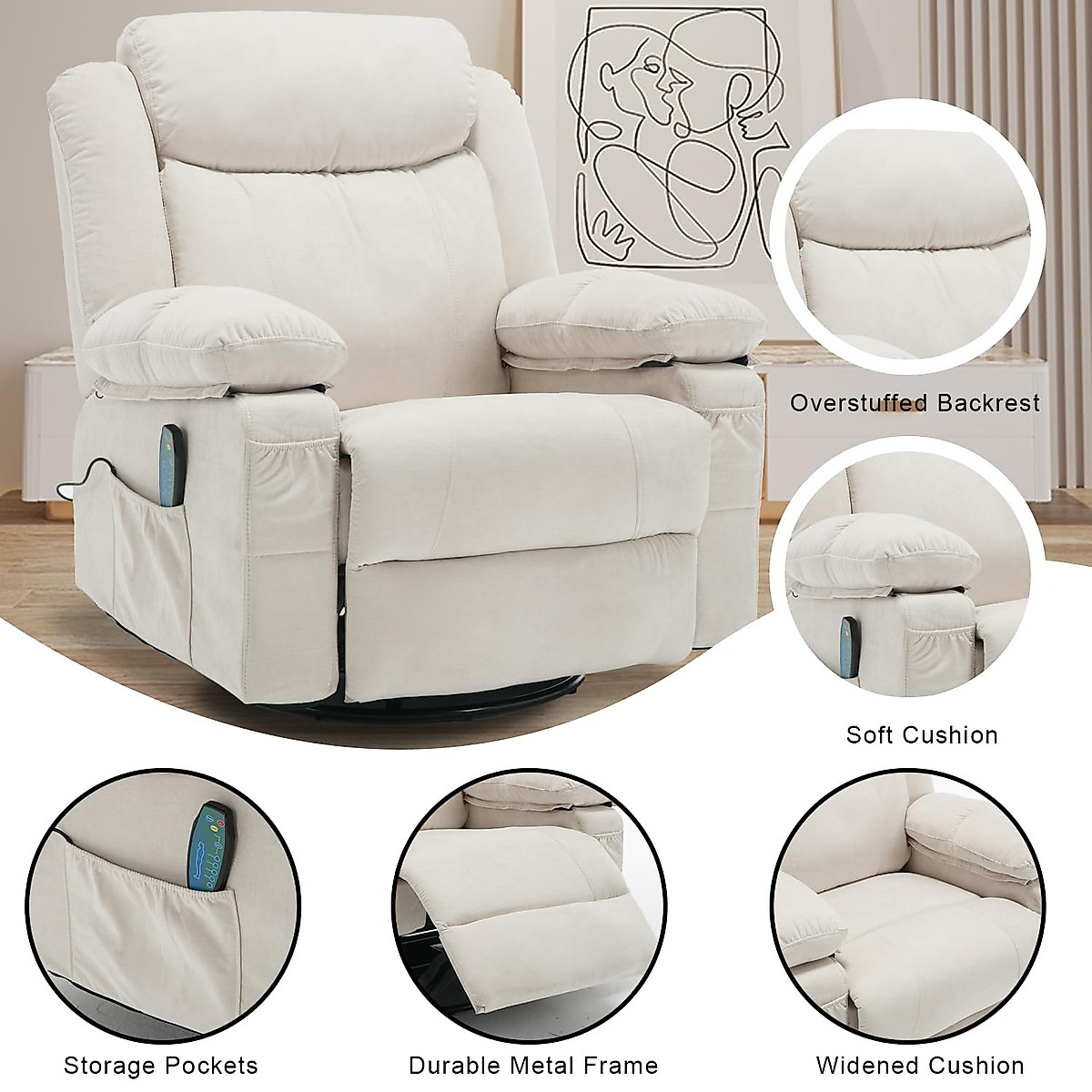 REFFICER Massage Recliner Chairs with Heat, Leather Reclining Chair with Cup Holders, Manual Oversized Rocker Recliner Single Sofa Couch, Overstuffed Theater Seating Recliner for Home Living