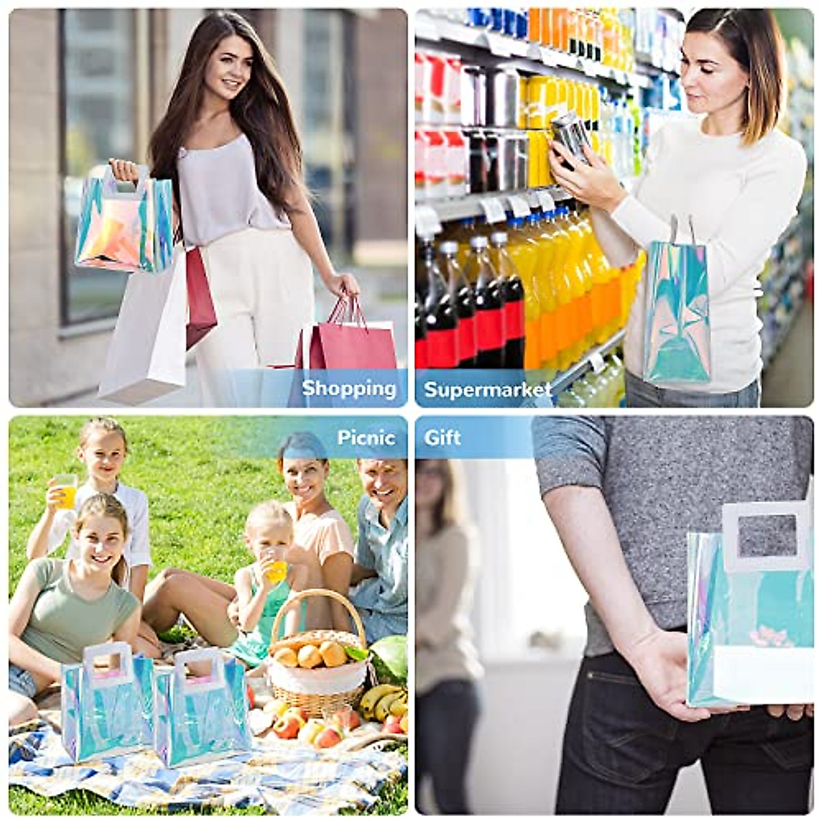 Seazoon 6 Pcs Holographic Small Gift Bag with Handle, Clear Iridescent Reusable Gift Bag, Heavy Duty Clear Party Favor Bags for Baby Shower Wedding Birthday Party Shopping JJ13-1