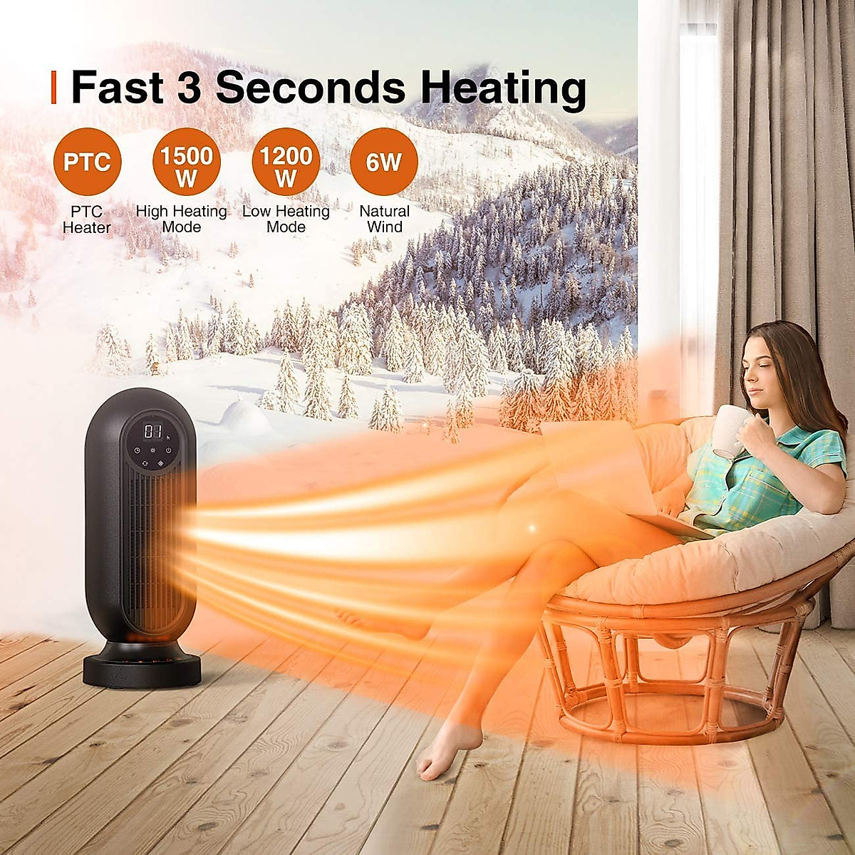 Infray Space Heater, 1500W Oscillating Ceramic Tower Heater, Portable Fast Heating Electric Fan Heater with LED Flame Light, 12Hrs Timer, Remote Control & LED Display for Home Office Indoor Use