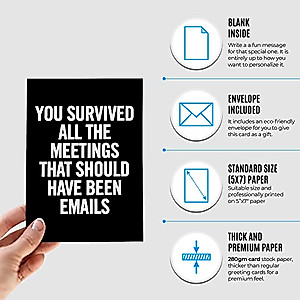 Funny leaving card for coworker or boss with envelope | Congratulations retirement present for men or women | Perfect goodbye card for someone who is going away | Survived All the Meetings
