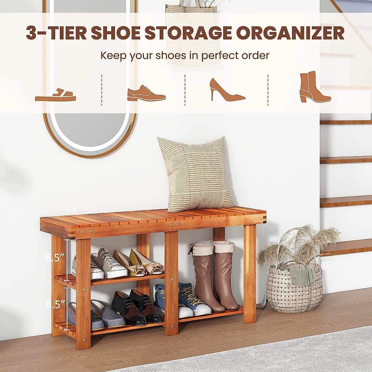 Tangkula 3-Tier Shoes Rack Bench, Entryway Storage Bench Shoes Organizer with Seat, Shoe Shelf for Boots, Acacia Wood Bench for Hallway, Bathroom, Living Room, Corridor Garden