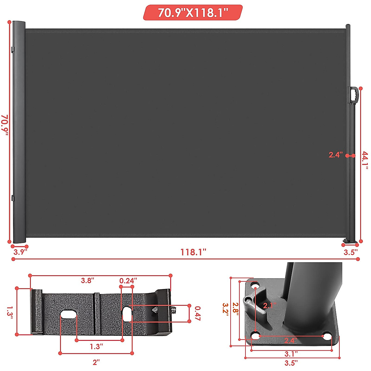 Retractable Side Screen Awning, UV Resistant, Waterproof, Patio Privacy Screen for Garden, Balcony, Courtyard(Dark Grey), 118.1" x 70.9"