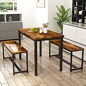 AWQM Dining Table Set with Two Benches, Kitchen Table Set for 4-6 Persons, Kitchen Table of 43.4 x 23.7 x 28.6 Inches, Bench of 38.6 x 11.9 x 17.6 Inches Each, Rustic Brown and Black