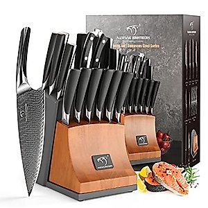 NANFANG BROTHERS Knife Set, 15-Piece Damascus Kitchen Knife Set with Block, ABS Ergonomic Handle for Chef Knife Set, Knife Sharpener and Kitchen Shears, Knife Block Set
