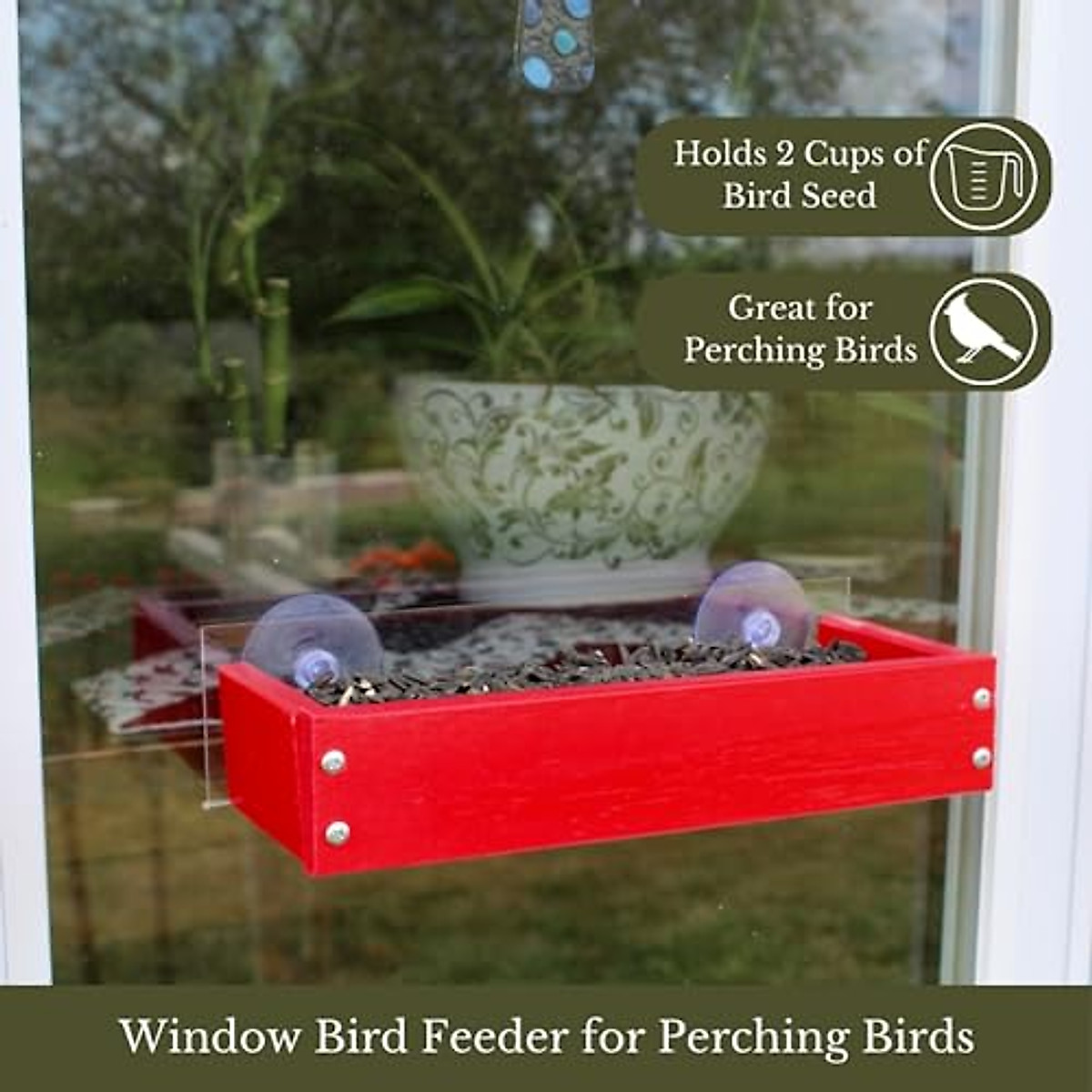Backyard Essentials Standard Red Window Feeder with Strong Suction Cups, Platform Tray Bird Feeder