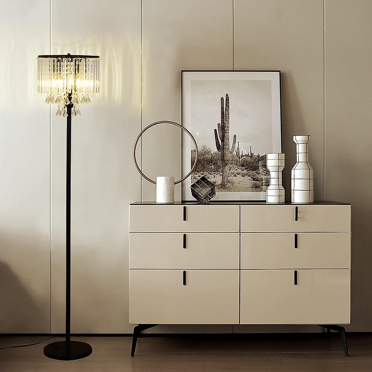 Beaysyty Floor Lamp - Modern Standing Lamp with Foot Pedal,Crystal Stand Up Lights for Living Room, Bedroom, Office, Contemporary LED Black Tall Pole Light Indoor - 3 Lights