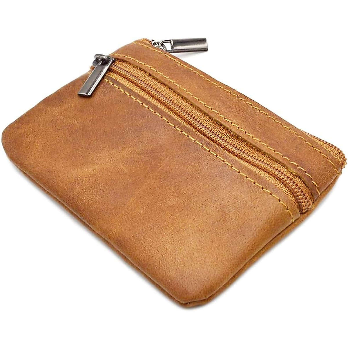 Women Genuine Leather Coin Pouch Zip Mini Purse Wallet Key Chain Double Zipper
