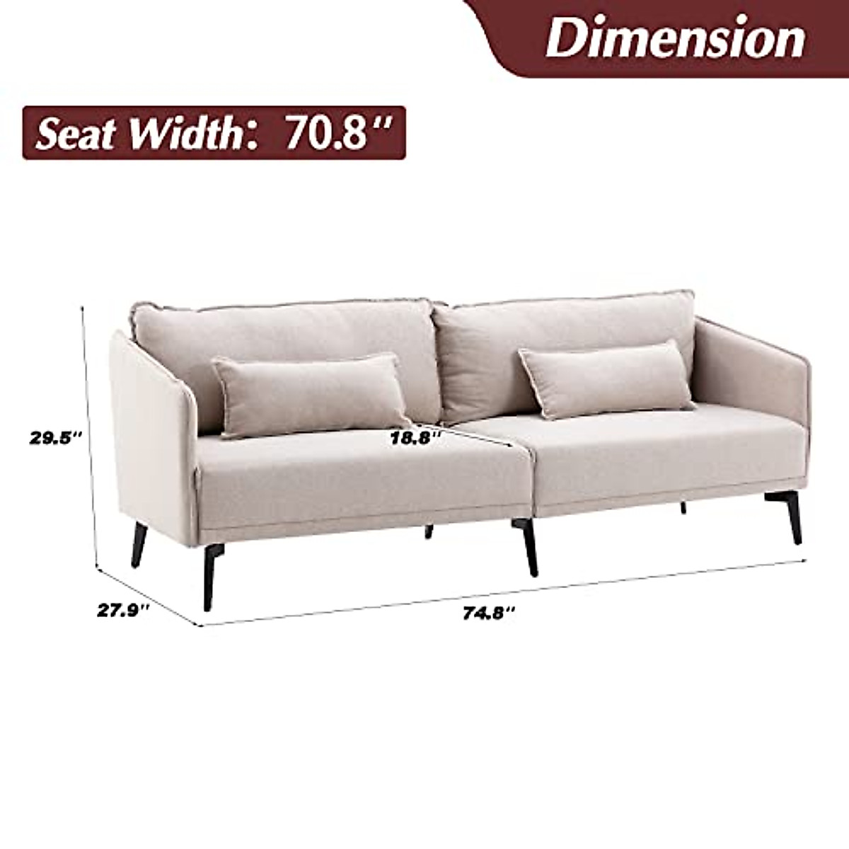 COSVALVE Beige 3 Seater Sofa Couch, Modern Fabric Upholstered Sofa with Two Cushions, 74 inch Sofa Furniture for Living Room Office Bedroom Apartment, Metal Leg Three People Seat