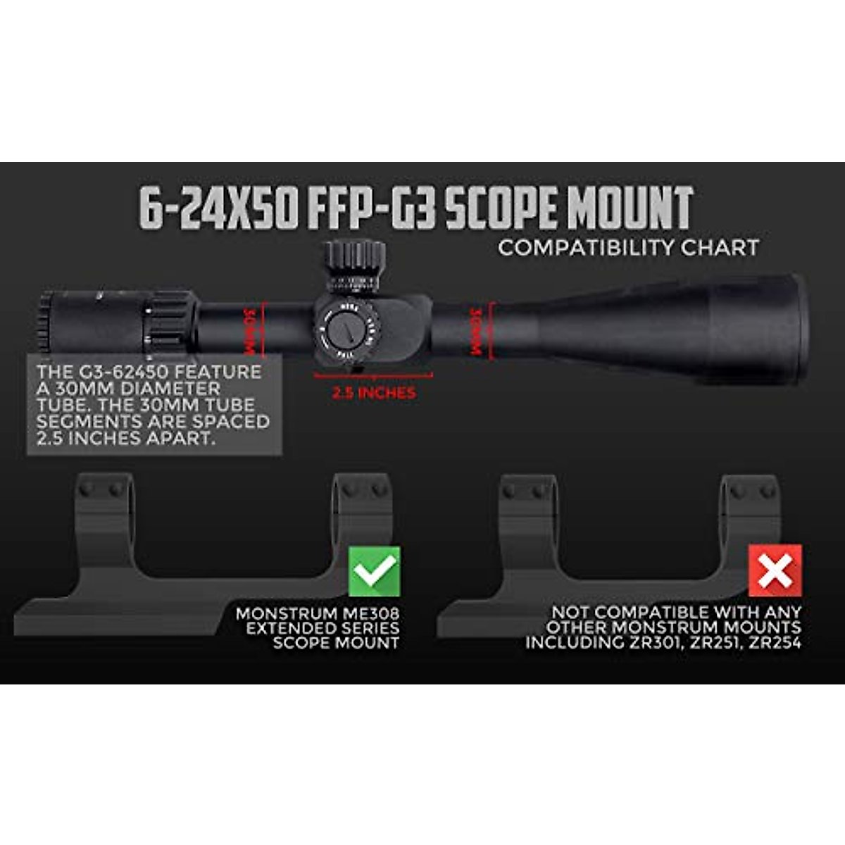 Monstrum G3 6-24x50 First Focal Plane FFP Rifle Scope with Illuminated MOA Reticle and Adjustable Objective (Black)