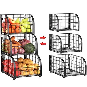 JKsmart XL 3 Tier Fruit and Vegetable Basket Stackable Countertop Organizer for Potato Onion Storage Wall-mounted Kitchen Wire Storage Baskets Stand Bins for Pantry Cabinet For Snack Produce,Black