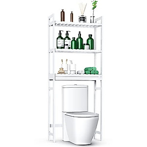 Purbambo Over The Toilet Storage, 3-Tier Bamboo Shelf Organizer Storage Rack with Toilet Paper Holder & 3 Hooks for Bathroom, Balcony, Porch, Laundry - White