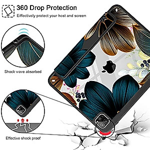 Lepeoac Designed for iPad Pro 12.9 Inch (2022/2021/2020/2018, 6th/5th/4th/3st Generation) with Transparent Shockproof Back Cover [Built-in Pencil Holder] Auto Sleep/Wake, Luxury Leaves