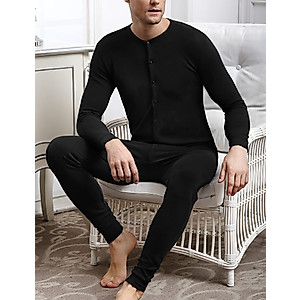 COLORFULLEAF Men's Cotton Thermal Underwear Union Suits Henley Onesies Base Layer (Black, XXL)