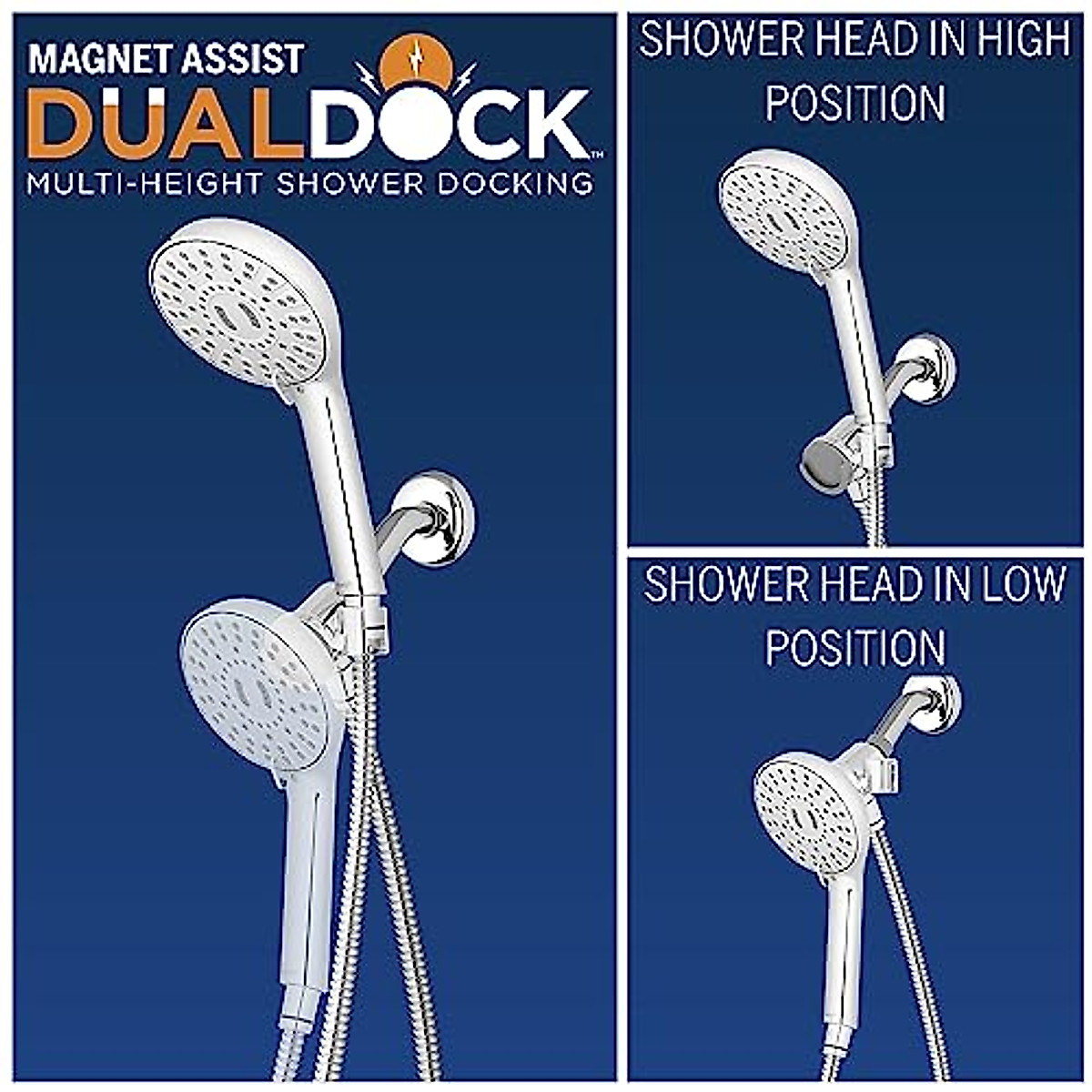 Waterpik Magnetic Dual Dock Adjustable Height Hand Held Shower Head With 5-Foot Metal Hose and PowerPulse Shower Massage, Chrome QMP-863ME