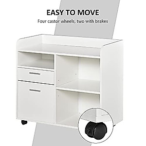 Vinsetto Filing Cabinet Printer Stand Mobile Lateral File Cabinet with 2 Drawers, 3 Open Storage Shelves for Home Office Organization, White