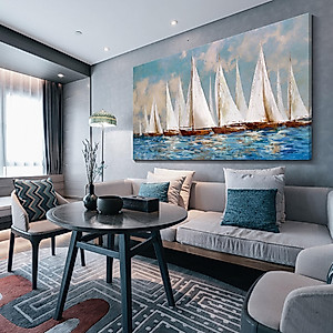 KLAKLA Large Canvas Living Room Wall Art - Partially Hand Painted - Contemporary Art Oil Painting Style & 60x30 inch Blue and White Tone Bedroom Wall Decor