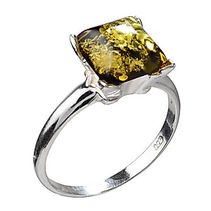 HolidayGiftShops GIA Certified Sterling Silver and Baltic Olive Green Amber Square Adult Ring Nelda- size 8