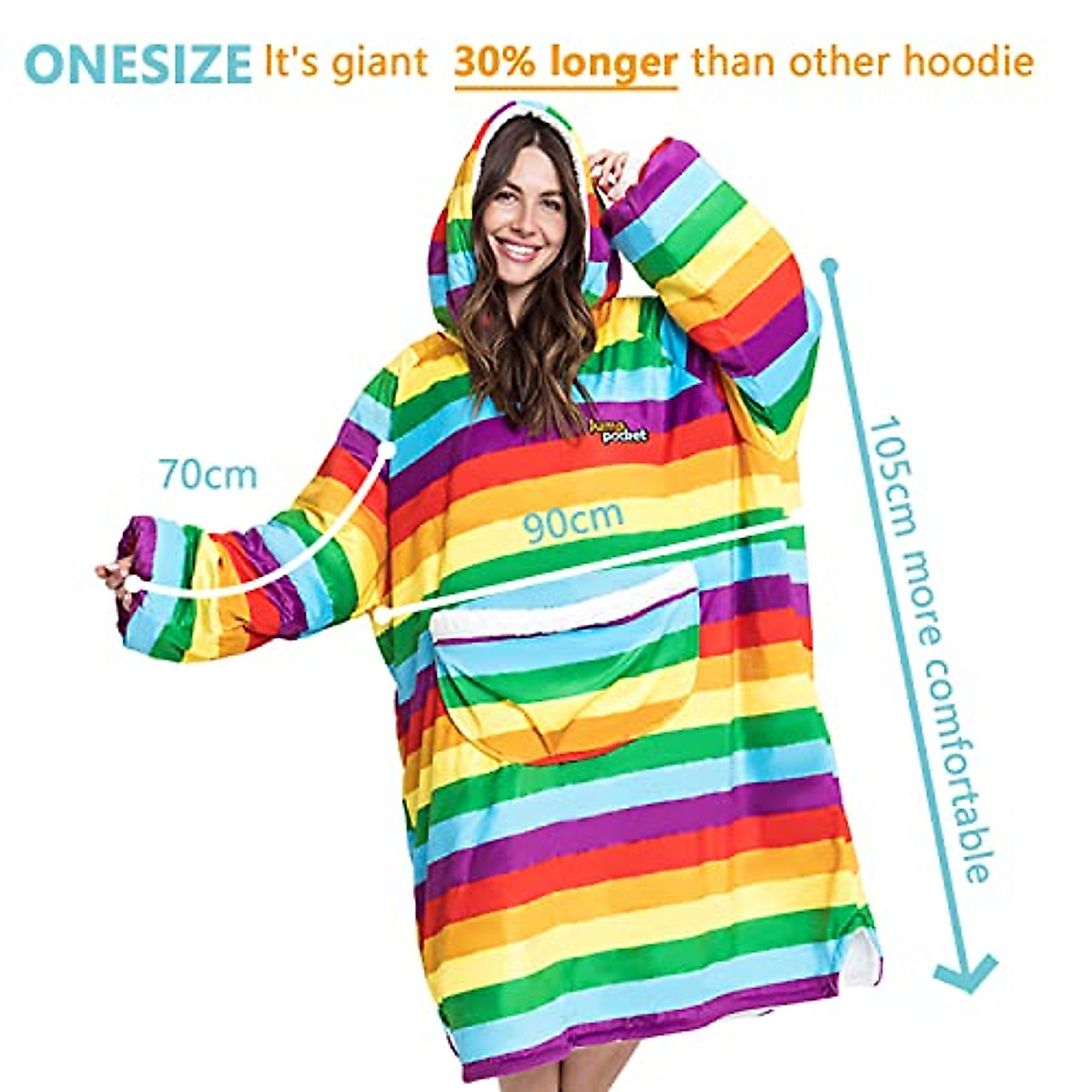 Jump Pocket Blanket Hoodie | Oversized Microfiber & Sherpa Wearable Blankets| Adult & Kids Size (Rainbow)