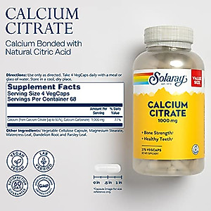 Solaray Calcium Citrate 1000mg, Chelated Calcium Supplement for Bone Strength, Healthy Teeth & Nerve, Muscle & Heart Function Support, Easy to Digest, 60-Day Guarantee, Vegan (68 Serv, 275 Count)