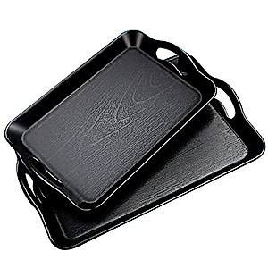 Uniyou Wood Grain Serving Tray with Handles Rectangular Thickened Waterproof Heat Resistant Plastic Serving Tray with Wide Handle, Black 16.5'' x 11'' and 14.5'' x 9''