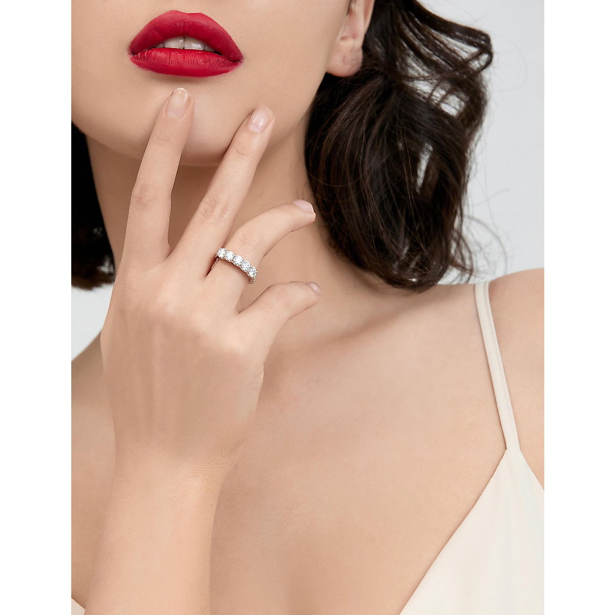 CannyCat 5 Stone Moissanite Half Eternity ring 4.0mm 2.1 CTTW Lab Created Diamond Wedding Band for Women VVS D color Moissanite Anniversary Engagement Eternity Bands Platinum Plated Silver Stacking