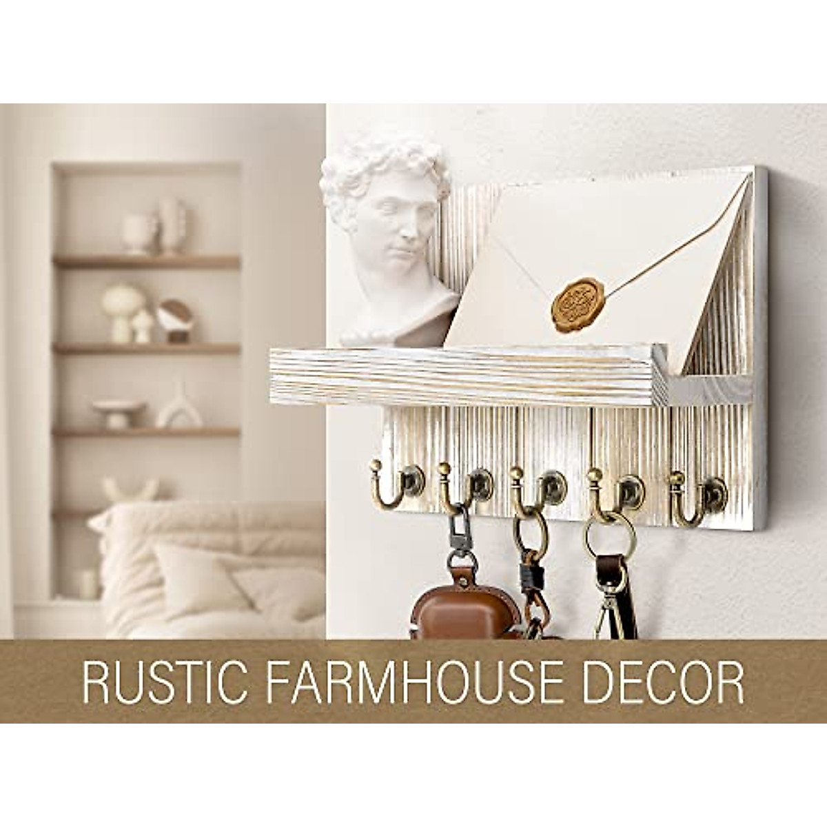 Rebee Vision Farmhouse Key Holder for Wall - Decorative Mail Organizer and Retro Key Hanger for Wall - 5 Sturdy Key Hooks with Small Floating Shelf for Rustic Apartment Essentials (Natural Wood)