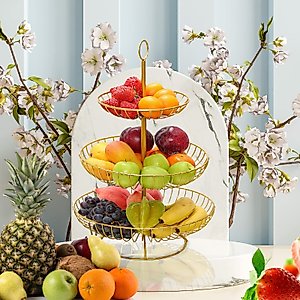 3 Tier Kitchen Countertop Fruit Basket Bowl for Bread Vegetables Snack Storage, Removable Organizer Shelf Storage Rack, Modern Design Tiered Fruit Holder Stand，for Gifts Home Party(round head gold)