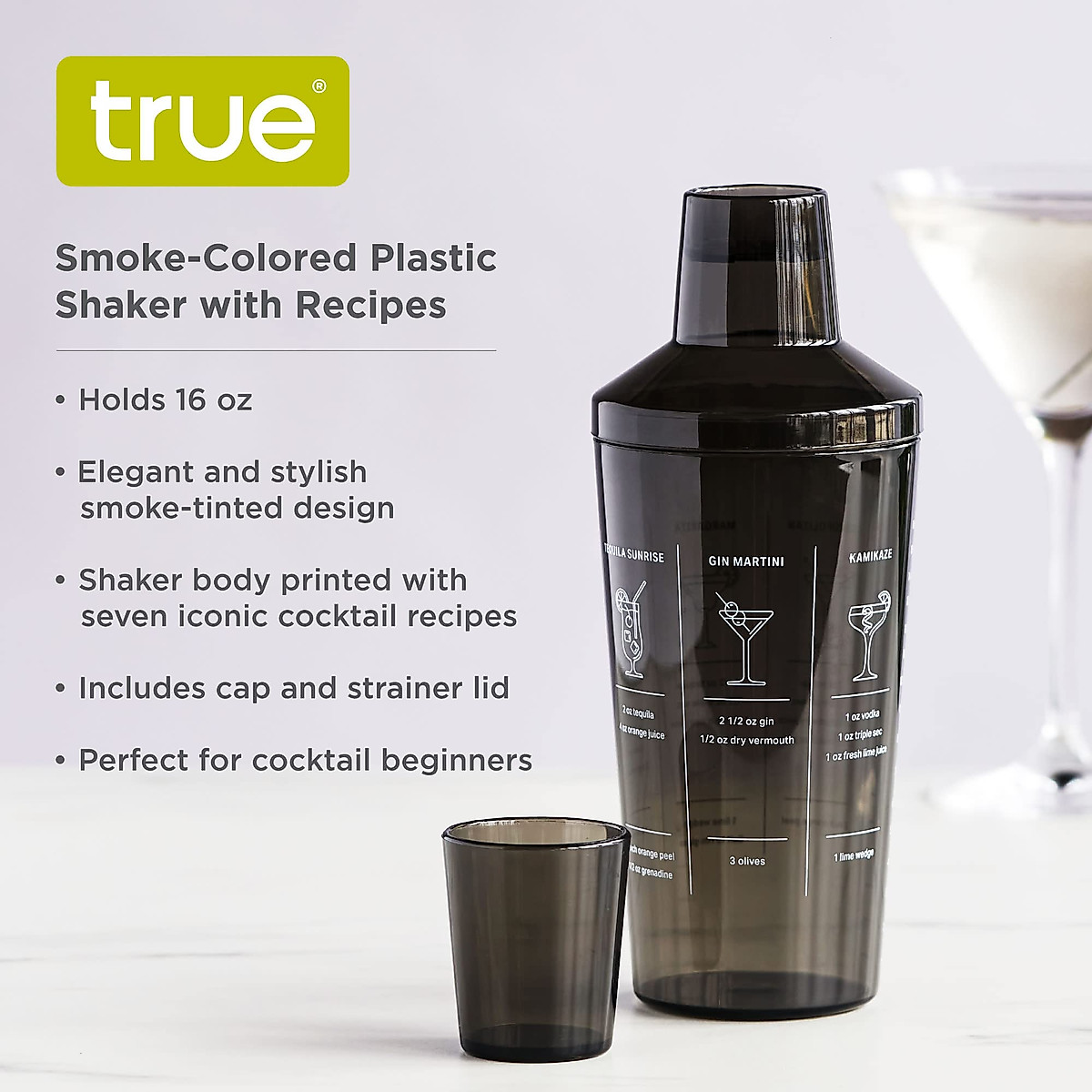 True Smoke Recipe Shaker, Tinted Plastic Cocktail Shaker, Includes 7 Drink Recipes with Measurements