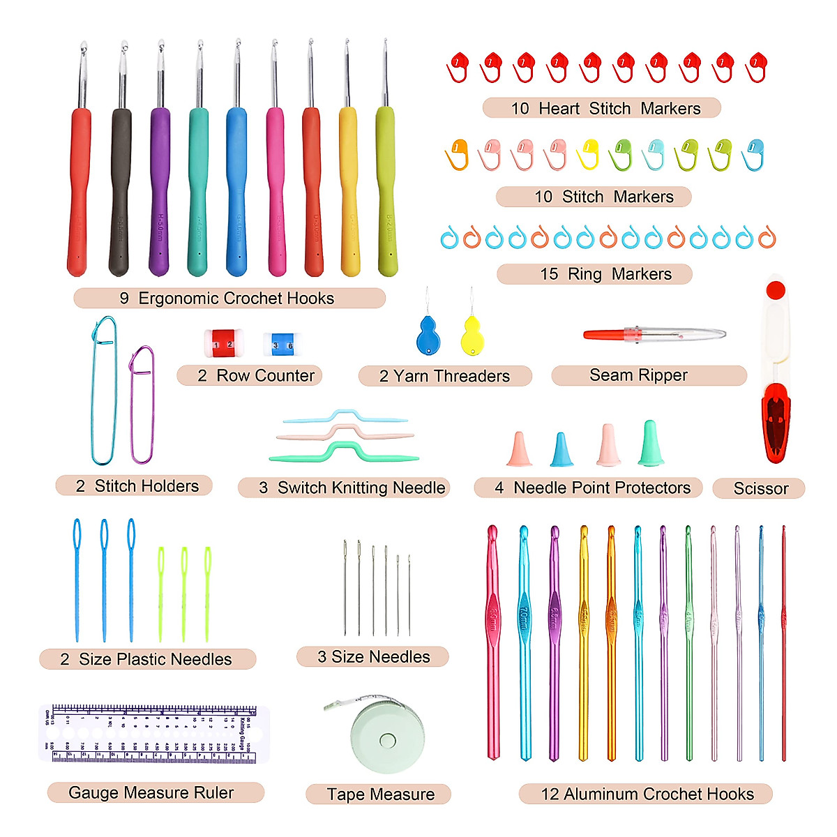 SHAXANO 86 Pcs Crochet Kit - 9 Ergonomic Soft Grip Crochet Hooks & 12 Aluminum Hooks for Beginners & Experienced Crafters, Includes 65 Crochet Accessories for Knitting & Crocheting