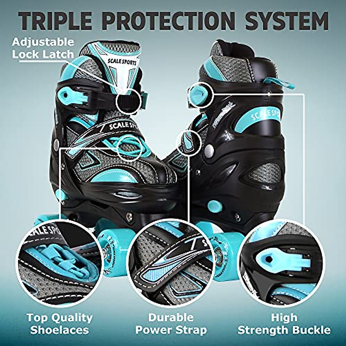 Scale Sports Adjustable Roller Skates for Kids Teen and Ladies Small Size Turquoise