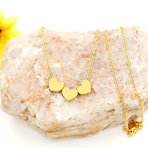 3 Gold Hearts Best Friends Necklace - Custom Engraving Triple Heart Pendant Necklace Long Distance Friendship Jewelry Birthday Gift (Gold)