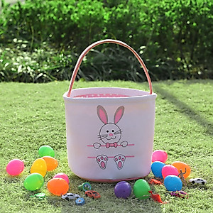 Easter Basket Easter Bucket Bunny Basket for Kids, Canvas Bunny Print Basket, Egg Hunt Basket Easter Bag Tote Bag Candy Toy Storage Bag (Pink+Blue)