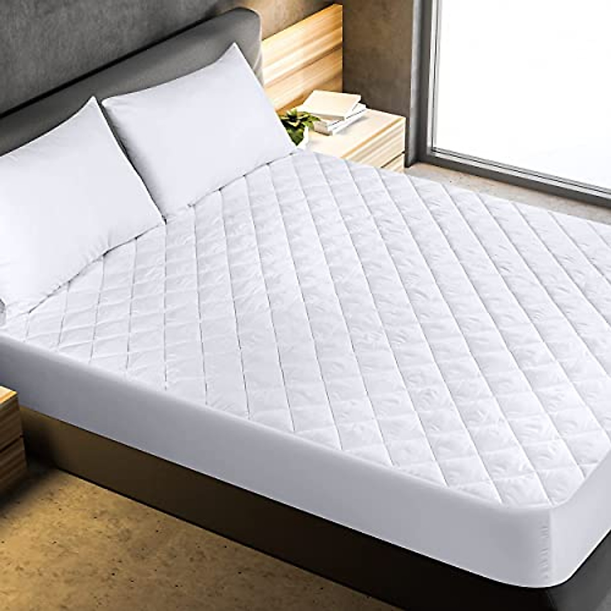 Utopia Bedding Fitted Sheet Queen Grey with Mattress Pad Quilted Fitted White (Pack of 2)