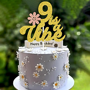 Happy 9th Birthday Cake Topper, 9 is a Vibe, Cheers to 9 Years, Glittery Groovy Daisy 9th Birthday Party Decorations Supplies