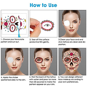 Temporary Face Tattoo, 8 Kits Tattoos Sugar Skull Stickers Day of The Dead Makeup, Face Tattoo Rose Design for Halloween, Masquerade and Parties