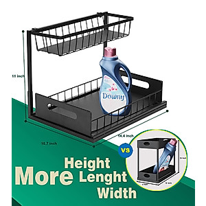 Houocon Under Sink Organizers and Storage, 2-Tier Under Bathroom Cabinet Organizer with Hooks, Pull Out Cabinet Organizer Under Kitchen Sink, Black, Metal