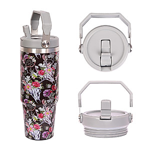 JIU HONG CHAO 30 oz Cow Skull flower Travel Tumbler with Straw Lid, Stainless Steel Floral Travel mug with Handle Insulated Cup West Mother's Day Gifts for Women Mom (Black Bullskull, 30 OZ)